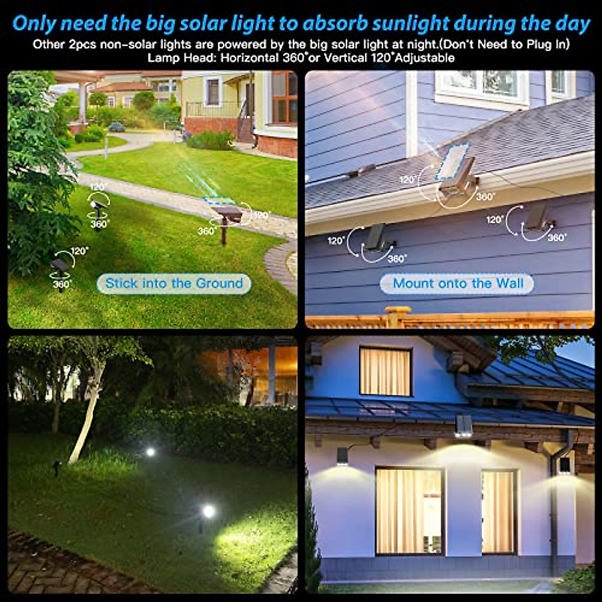 100LED Solar Outdoor Lights Power 2PCS 40LED Non-Solar Lights for Shady Areas via 9.8ft Cables(No Need Plug in), IP68 Solar Spotlights Outdoor, 3 Light Modes Auto ON/Off Solar Powered Spot Lights