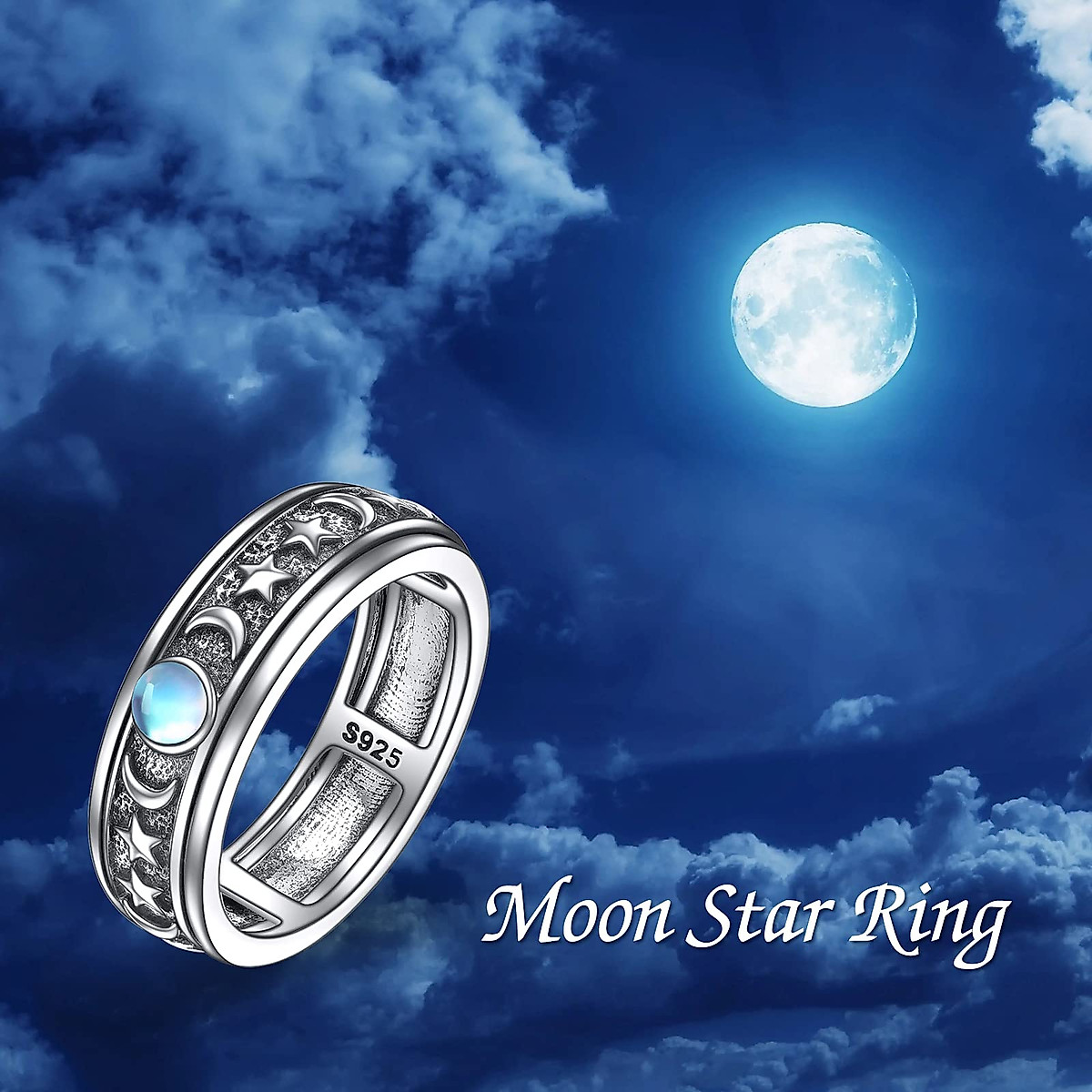 POPLYKE Sterling Silver Anxiety Spinner Rings Moonstone Moon And Star Ring Rotatable Mood Rings for Women Relieve Stress Gift（9 Size）