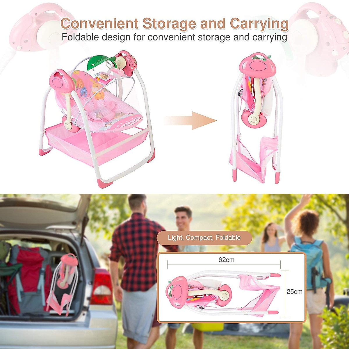 Baby Swing for Infants, Portable Baby Swing with 6 Motions, Toddler Swing with Music, Sounds, Timing, Baby Rocker with 2 Toys, Plsuh Seat & Soft Head Support, Machine Washable Fabric (Pink)