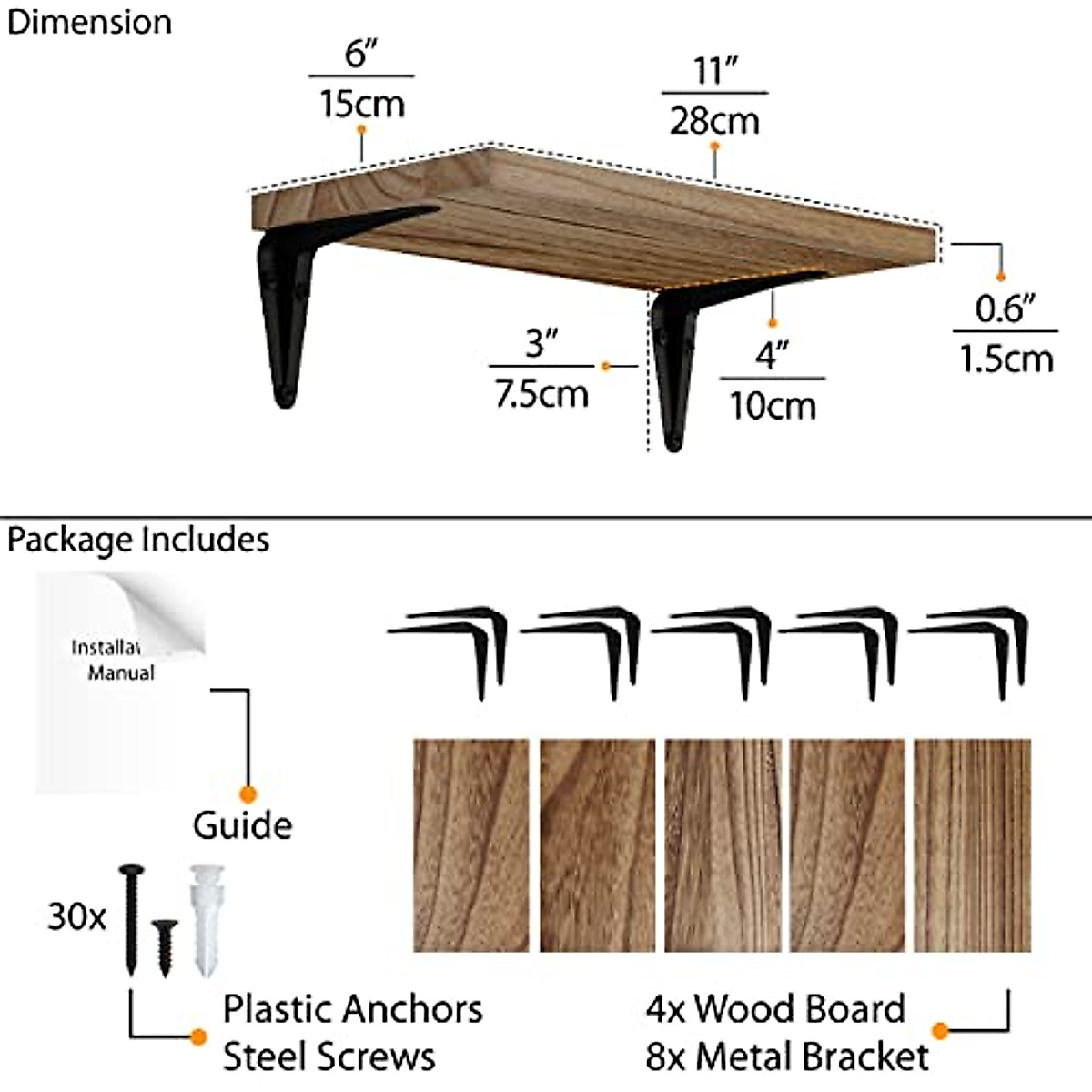 Wallniture Arras 11" Floating Shelves, Bookshelf for Living Room Decor, Bedroom Decor, Office & Kitchen Organization, Bathroom Organizer, Burnt Finish Set of 5