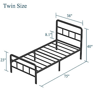 Richwanone 14 inch Twin Bed Frame with Headboard and Footboard, Metal Bed Frame with Steel Slat Support, No Box Spring Needed, Easy Assembly, Black