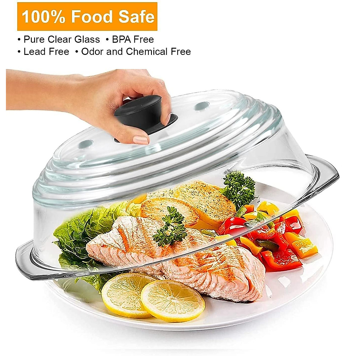 Microwave cover glass - Microwave splatter cover 100% Food Grade, Glass Microwave covers for food splatter BPA Free and Dishwasher Safe, Vented Plate cover Lid Silicone Knob, 9.5" - Bezrat (Black)