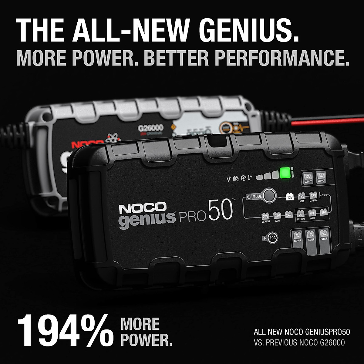 NOCO GENIUSPRO50, 50A Smart Car Battery Charger, 6V, 12V and 24V Portable Automotive Charger, Battery Maintainer, Trickle Charger and Desulfator for AGM, Lithium, Marine, Boat and Deep Cycle Batteries