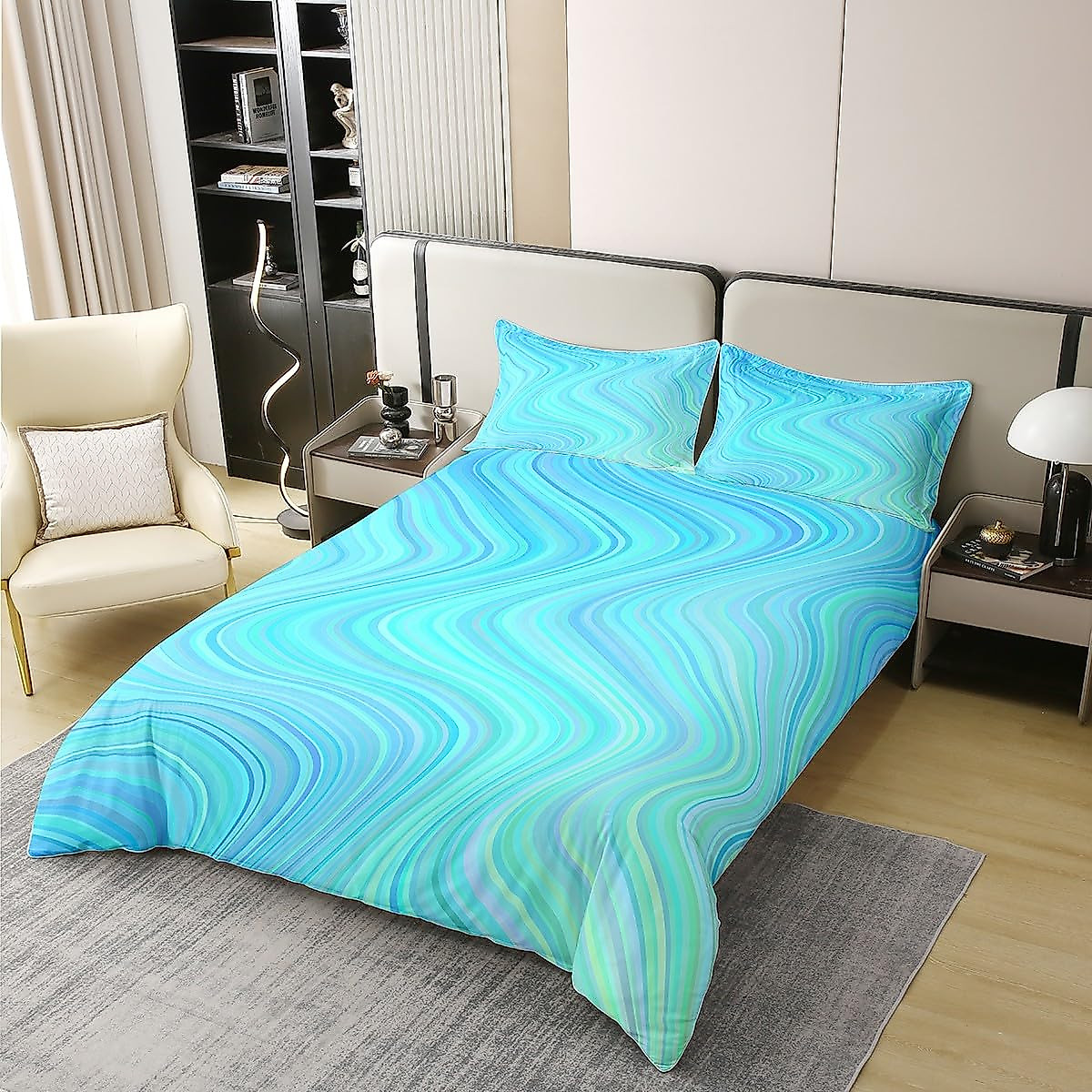 Simple Modern Duvet Cover Set 100% Natural Cotton Twin Size Abstract Ombre Blue Gradient Super Soft Bedding Set 2 PCS Ocean Waves Cotton Comforter Cover for Bedroom Decor