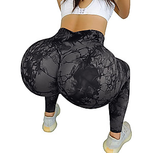 OMKAGI Women Scrunch Butt Lifting Leggings Seamless High Waisted Workout Yoga Pants(L,88-Black Tie Dye)