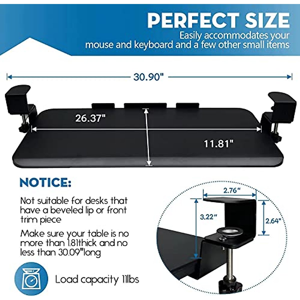 Large Keyboard Tray Under Desk，Sturdy C Clamp Mount System,26.3" x 11" Slide-Out Computer Keyboard Drawer，Fits Full Size Keyboard and Mouse,for Home or Office|for Desks Up to 1.5",Black…