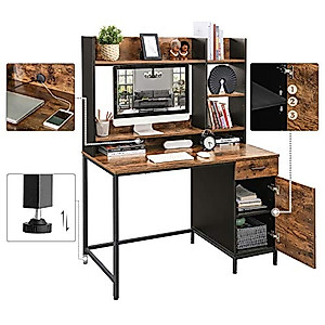 VASAGLE ALINRU Computer Desk with Bookshelf, Office Desk with Cabinet, Drawer, Study and Adjustable Shelves, Steel, Industrial, 47.2 x 23.6 x 60.3 Inches, Rustic Brown and Black ULWD65X
