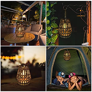 Solar Lantern Outdoor-Bamboo Lamps Patio Waterproof Rattan Solar Lanterns-Natural Auto On Off Lantern Edison Bulb Light with Handle for Hanging Table Yard Garden Wedding Home Decoration