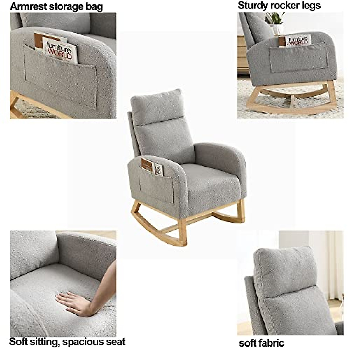 Sybrioka Modern Teddy Accent Rocking Chair,27" W Upholstered Glider Rocker for Baby and Kids,Two Side Pocket,Comfy Armchair, Living Room Lounge Arm Chair with High Backrest (Teddy, Grey)