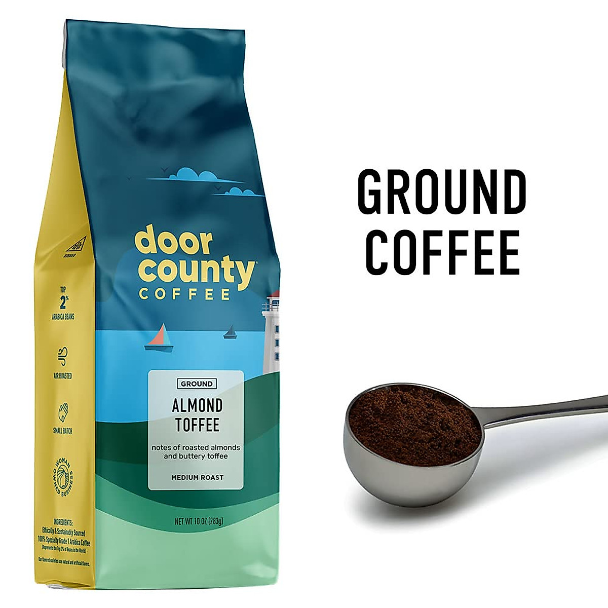 Door County Coffee Almond Toffee Flavored Ground | 10 oz Bag | Flavored Ground Medium Roast | 100% Specialty Arabica | Flavored Gourmet | Almond Toffee