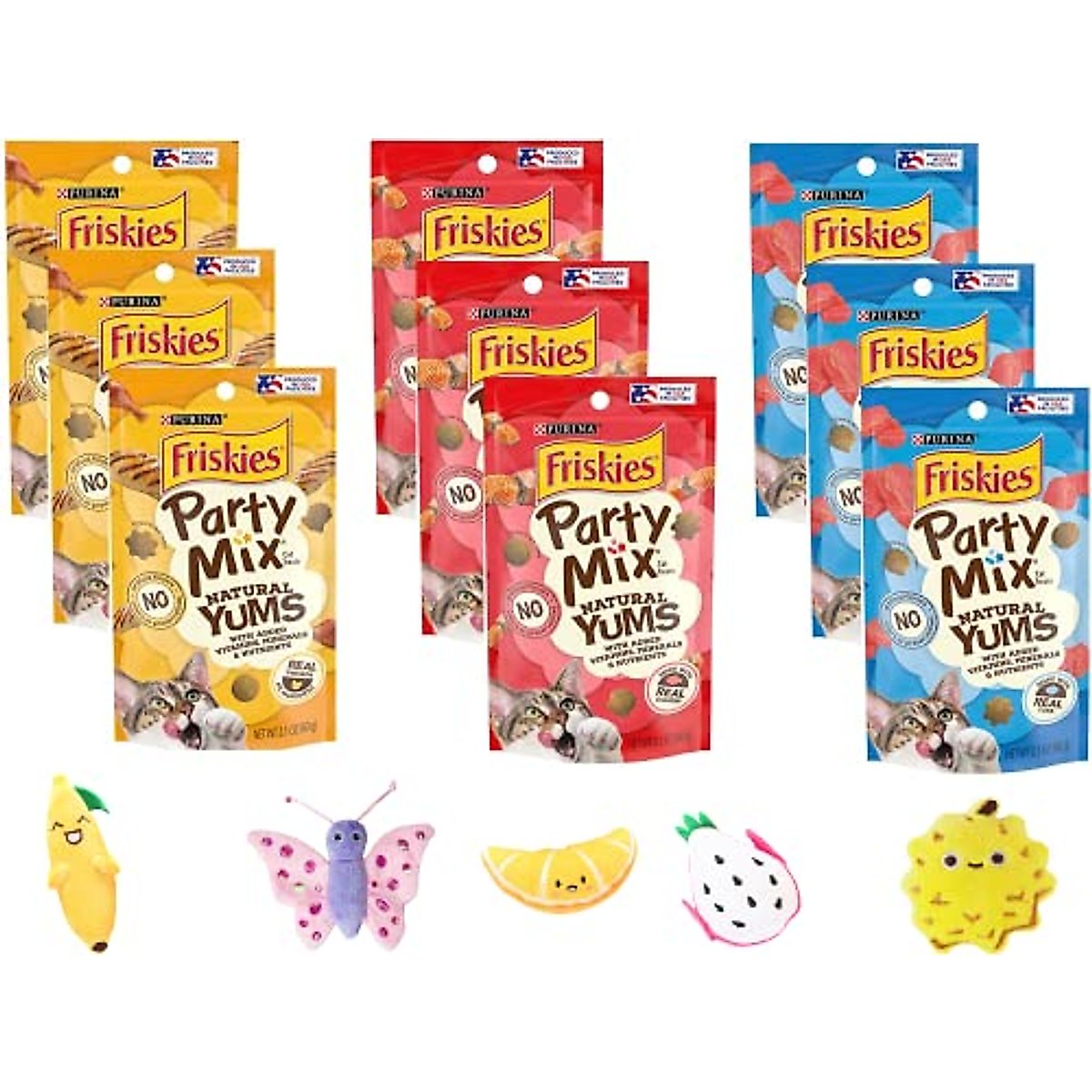 Friskies Party Mix Natural YUMS Bundle Pack, (3) Real Chicken, (3) Real Salmon, (3) Real Tuna, Total (9) 2.1 oz Pouches with Aurora Pet Catnip Toy (Assorted)