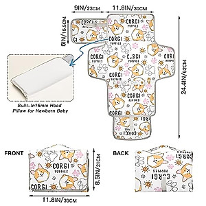Cute Corgi Portable Baby Changing Pad Diaper Changing Table Pad Foldable Waterproof Travel Changing Station with Built-in Pillow for Baby Newborn Essentials