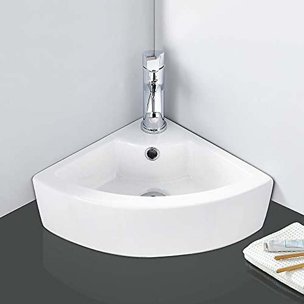 VASOYO Small Corner Bathroom Sink Wall Mount White Triangle Porcelain Ceramic Above Counter Mini Wall Vanity Vessel Sinks with Single Faucet Hole and Overflow