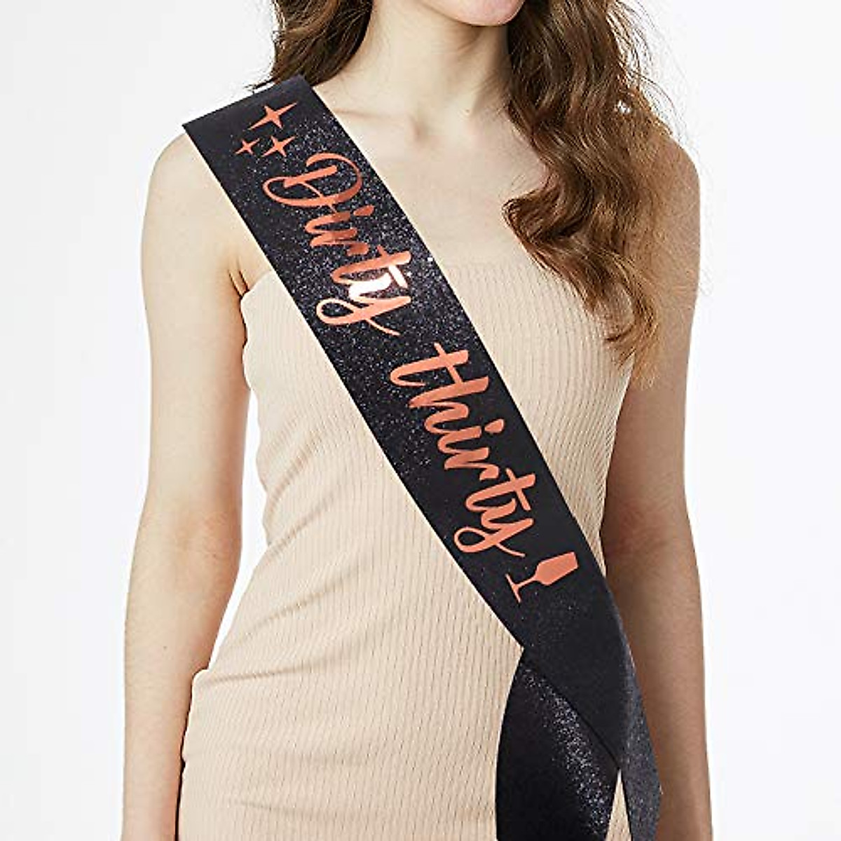 "Dirty Thirty" Sash & Rhinestone Tiara Set - 30th Birthday Gifts Birthday Sash for Women Birthday Party Supplies (Black Glitter/Rose Gold)