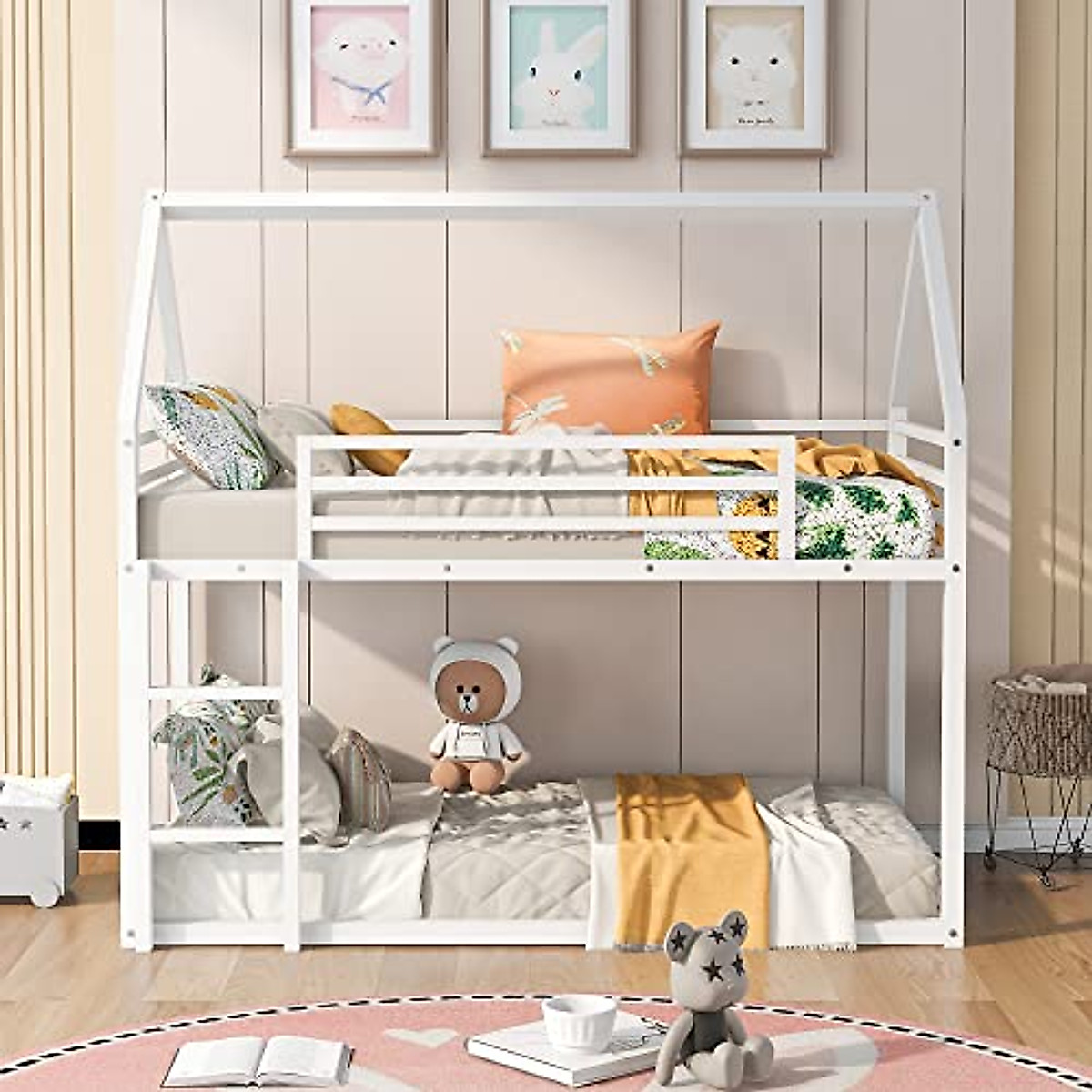 Harper & Bright Designs Twin Over Twin House Bunk Bed with Built-in Ladder, Metal Low Bunk Bed for Kids Girls Boys - White