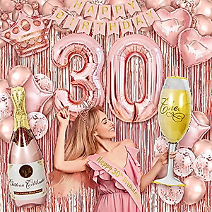 30th Birthday Decorations for Women, Rose Gold 30 Birthday Decorations for Her, Including Happy Birthday Sash, Crown, Banner, Foil Backdrops, Rosegold Balloons for 30th Birthday Party Supplies