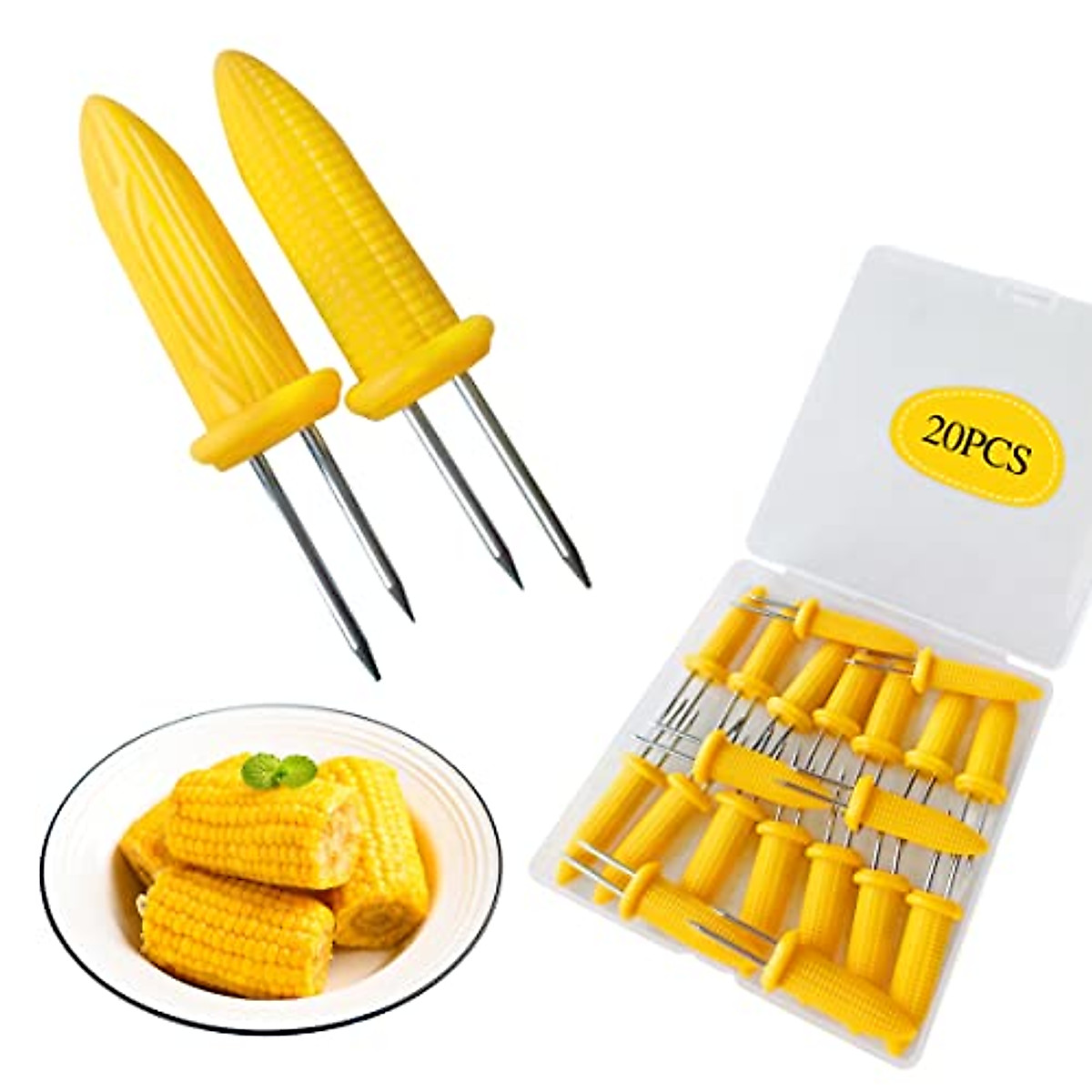 Kadden 20 PCS/Set Corn on The Cob Holders, Stainless Steel Heat Resistant Non Slip Barbecue Corn Prongs Skewers for BBQ, Cooking, Birthday Party (Yellow)