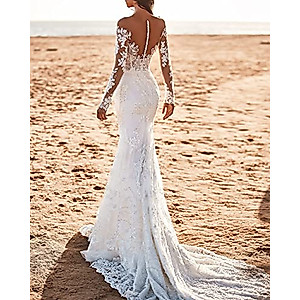BEAUTFOR Womens Long Sleeve Lace Bohe Wedding Dresses Mermaid Illusion Top Ivory Bridal Gowns for Beach Wedding Party US Size 2
