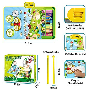 1 Year Old Boy Toys, 3 in 1 Musical Toys for Toddlers 1-3 Piano Keyboard, Drum Mat with 2 Drum Sticks, Animal Touch Play Blanket Baby Toys for 12-18 Months Birthday Gifts for 1 2 3 Year Old Boys Girls