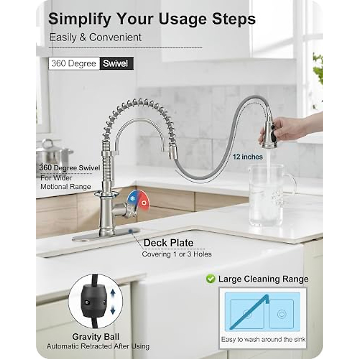 HOIGY 3 Mode 360 Degree Swivel Stainless Steel Faucet for Kitchen Sink, 1 Handle Kitchen Sink Faucet with Deck Plate, Brass Deck Mount Waterfall Bathtub Faucet Set High Flow Widespread 6-16 Inch