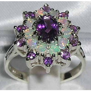 LetsBuyGold 925 Sterling Silver Real Genuine Amethyst and Opal Womens Band Ring - Size 7