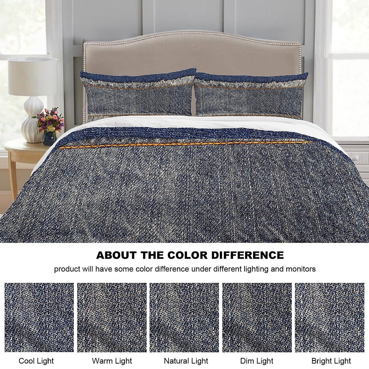 Batmerry Blue Fringe Orange King Size 3 Pieces Bedding Comforter Cover Sets,Soft Fluffy Denim Torn Worn Blue Jeans Pattern Printed Duvet Cover for All Season