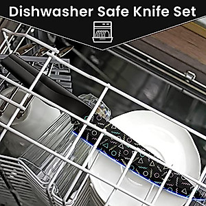 Astercook Knife Set, 12 Pcs Colorful Geometric Pattern Kitchen Knife Set, 6 Stainless Steel Kitchen Knives with 6 Blade Guards, Dishwasher Safe, Black