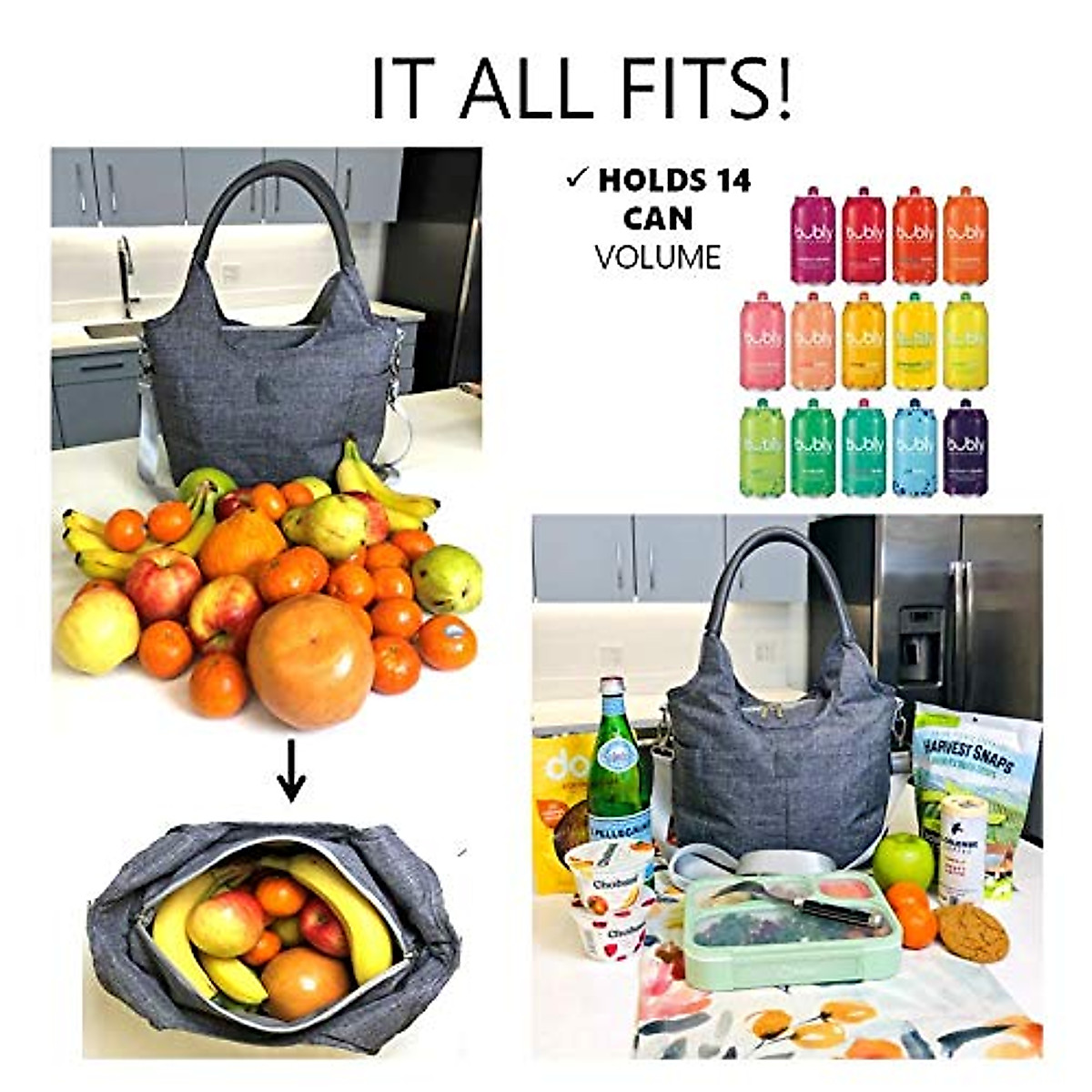 Lunch Bags for Women, Insulated Tote Bag, Large Fashionable Lunch-box Totes | Crossbody Womens Bags for Work | Big Cooler Purse, Removable Shoulder Strap, 4 Pockets | Simple Modern Lunch-Boxes Grey