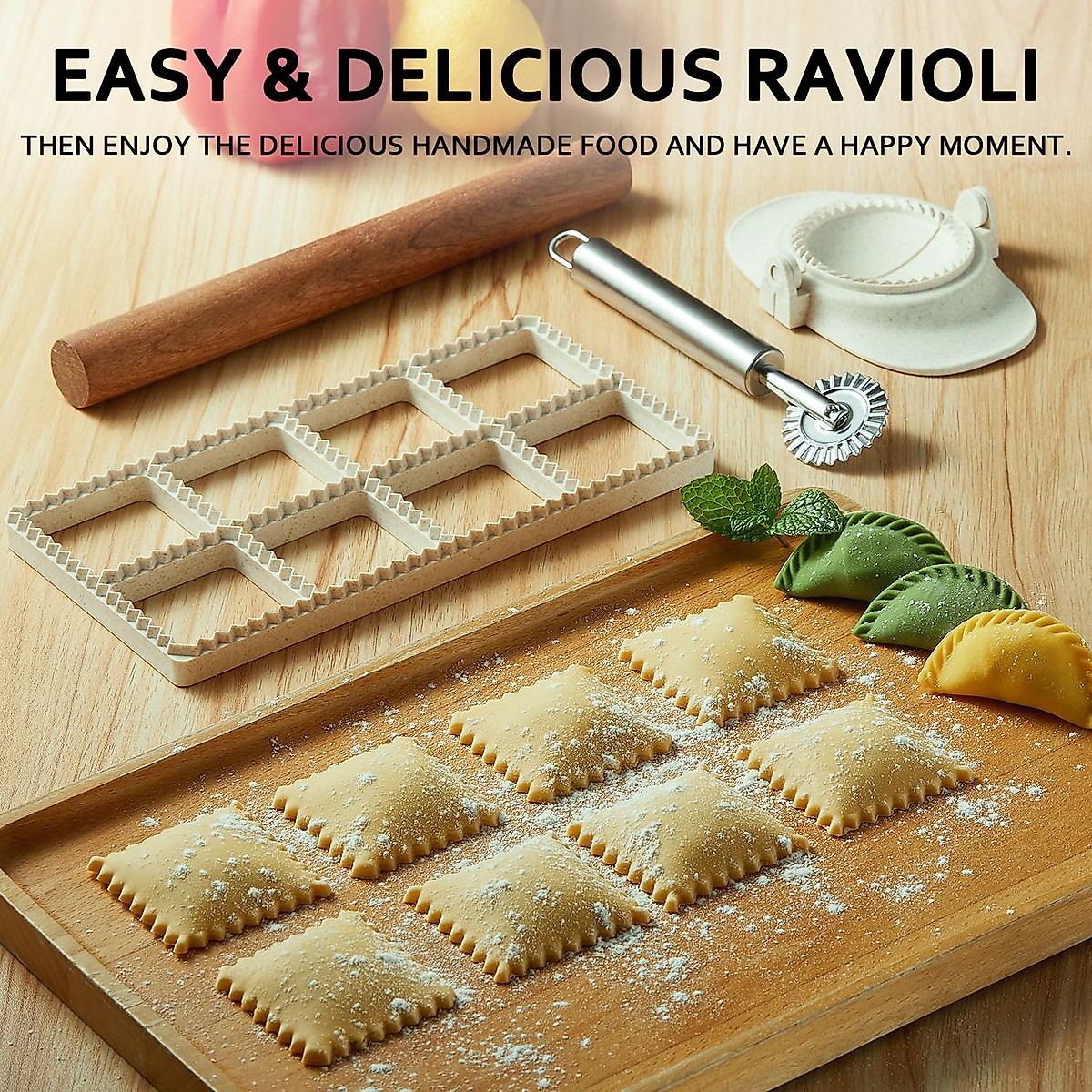 MUMSUNG Ravioli Maker Press, Ravioli Press Mold Set - 1.85" Squares Ravioli Stamp Maker Cutter with Wood Rolling Pin, 2.6" Empanada Maker Press Kit and Ravioli Wheel, Makes 8 Ravioli