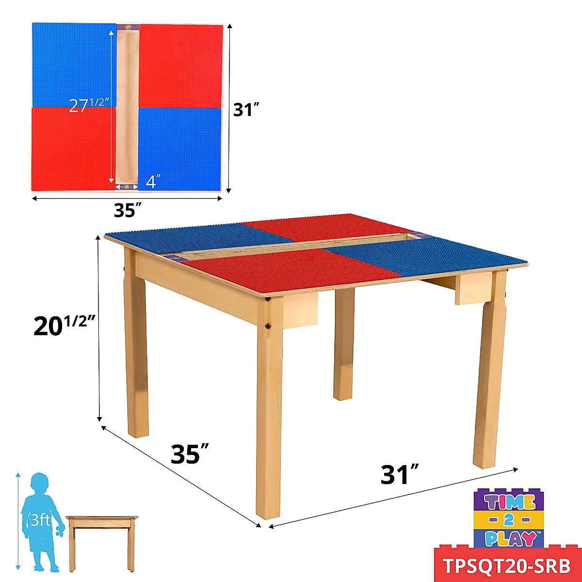 Contender Time-2-Play Kids Activity Play Table, Compatible with Lego Bricks, Extra Sturdy Birch Plywood, 35" W X 31" D, Blue & Green, 20" Legs for Ages 4-7