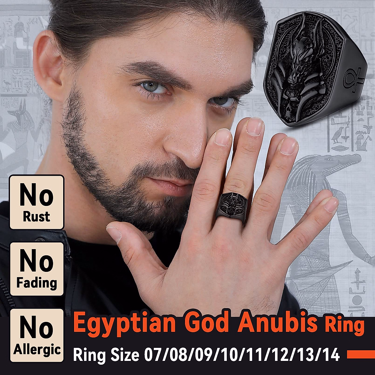 FaithHeart Customized Engrave Old-school Women Anubis Band Ring Stainless Steel Shield Shape Ankh Protection Jewelry