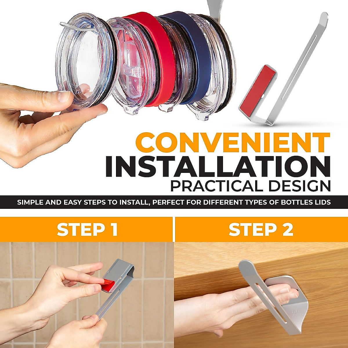 ELYPRO - Tumbler Lid Organizer, Under-Cabinet Cup Lid Holder for Stanley, Yeti, Hydro Flask, Self-Adhesive Under-Cabinet Mount, Kitchen Cabinets and Countertops Organization, Steel (Drink Lids)