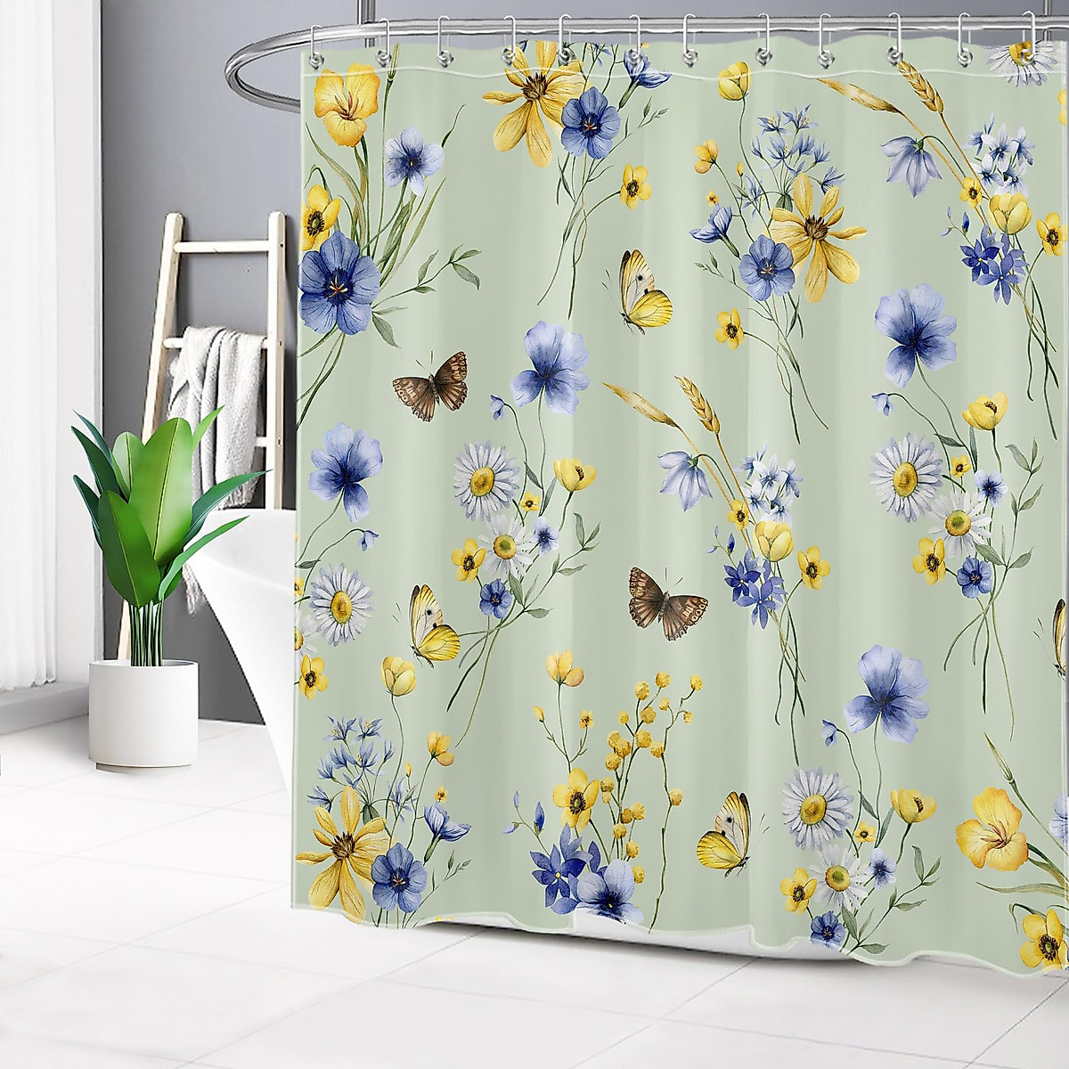 EOBTAIN Blue and Yellow Floral Shower Curtain for Bathroom Wildflower Botanical with Butterfly on Sage Green Shower Curtain with 12 Hooks Nature Plant Bathroom Curtains Shower Set 72x72 Inch