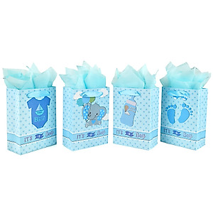 Dragonfy 16 PCS Baby Shower Bags for Boys - Medium Paper Gift Bags with Gift Wrapping Paper, Baby Shower Party Favors for Guests Baby Birthday Treat Bags(It’s a Boy!), blue