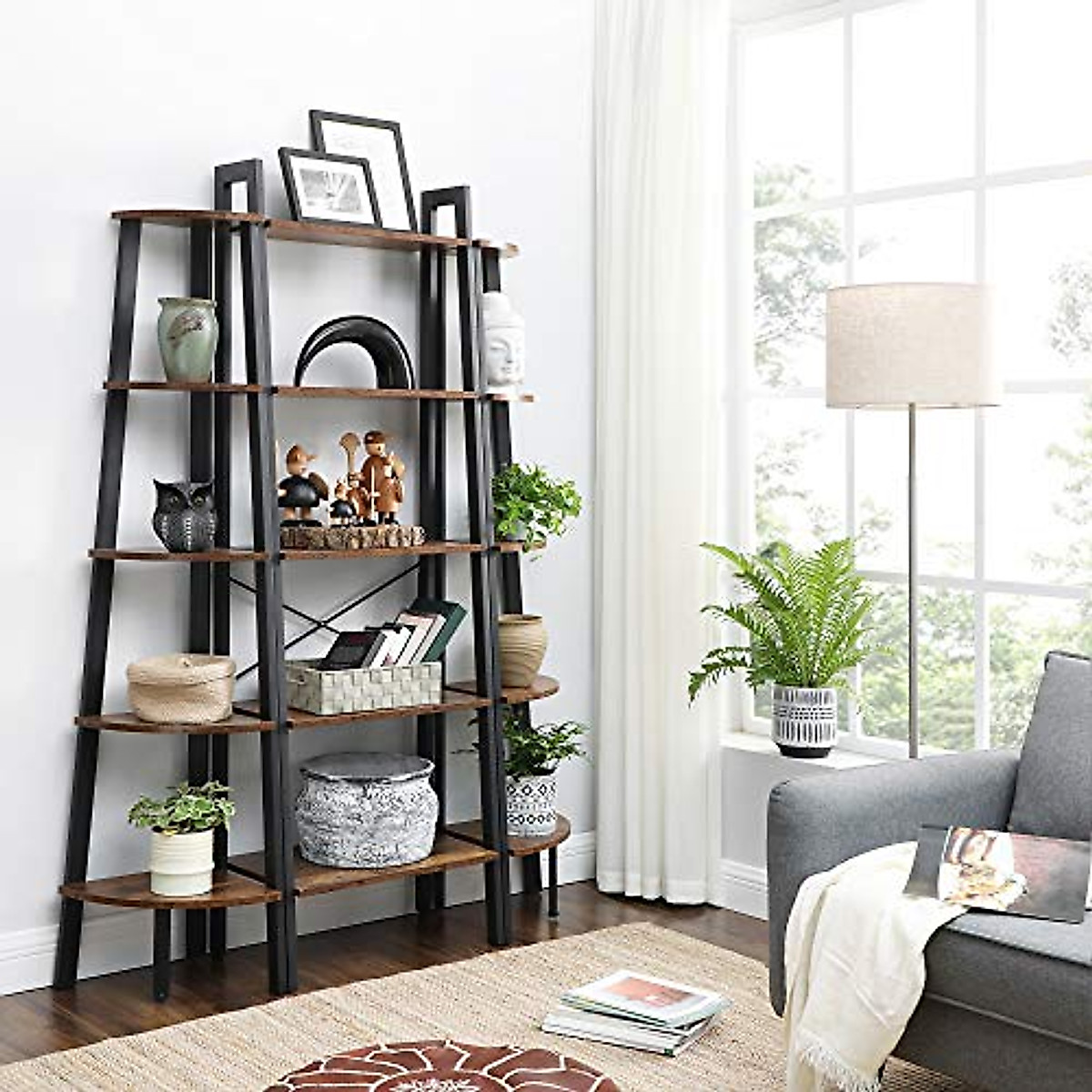 VASAGLE Industrial Bookcase, 5-Tier Corner Shelf, Rustic Brown & Ladder Shelf, 22.1" L x 13.3" W x 67.7" H, Rustic Brown