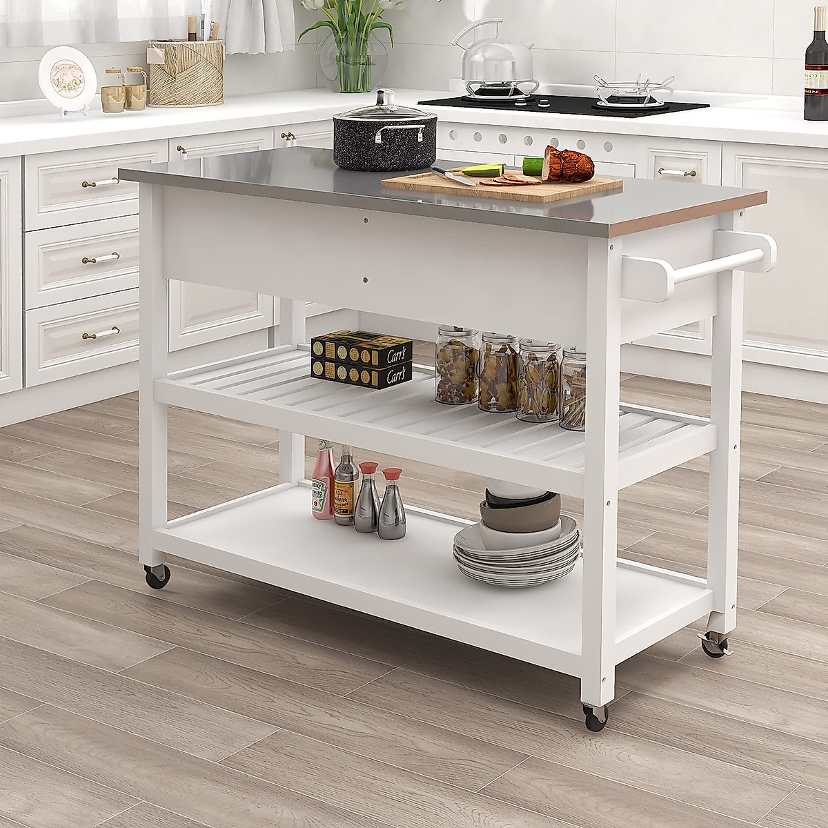 RASOO Kitchen Island White Stainless Steel Top Kitchen Cart On Wheels with 2 Drawers and Storage Shelves, 47.24"x19.68"x35.82"(LxWxH