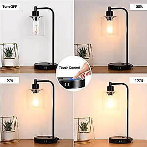Industrial Touch Control Table Lamps Set of 2 - Black Bedside Lamps with 2 USB Ports and AC Outlet, 3-Way Dimmable Nightstand Desk Lamp for Bedroom Living Room, Glass Shade & 2 LED Bulbs Included