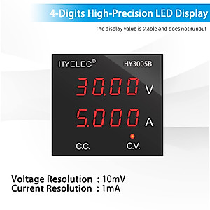 DC Power Supply Variable, Hyelec 30V 5A Adjustable Switching Regulated DC Bench Power Supply with 4 Digits LED Display, Data Hold,Coarse and Fine Adjustment with 110V Alligator Leads