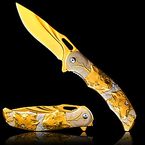 Pocket Knife for Men, Folding Knife With Clip & 3D TITANIUM PLATED WOLF Relief, Embossed Edc Knife For Men Outdoor Survival Camping Hiking hunting (Gold)