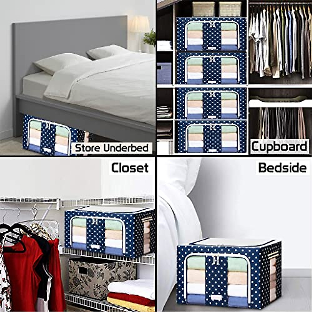 Blushbees® Oxford Fabric Collapsible Storage Boxes for Clothes/Quilts/Linen with Metal Supports (PACK OF 4 BOXES - LARGE SIZE 20×16×15 INCH)