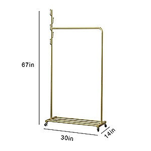 FJANKUI Clothing Garment Rack with Lockable Wheels, 3-in-1 Rolling Clothes Rack for Hanging Clothes, 5 Side Hooks and Bottom Shelves Organizing Clothes,Shoes,bags,hats(31.5in gold)
