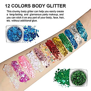 12 Colors Body Glitter Gel Kit, Super Long Lasting Holographic Chunky Glitter Gel Festival Party Makeup for Face, Body, Hair, Nail Art, Eyeshadow, 3Pcs Sponge Makeup Brush Include (Set A)