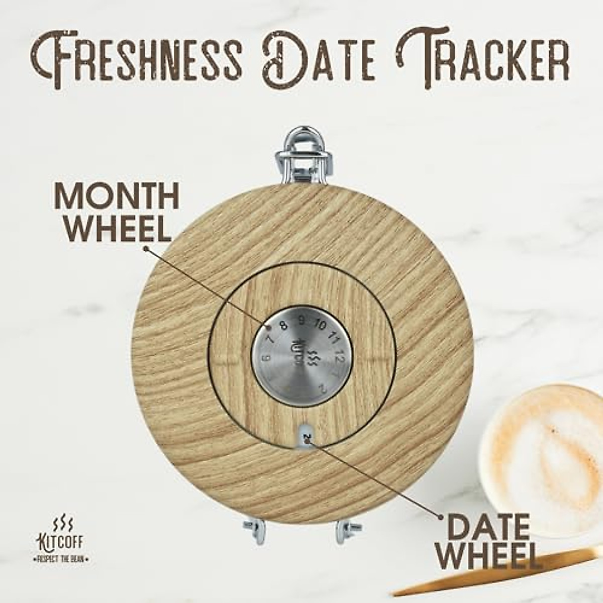 Kitcoff Coffee Grounds and Beans Container Canister with Date Tracker, CO2-Release Valve and Measuring Scoop - Made of Stainless Steel with Airtight Lids - Large, 22oz, White w/Wood Print Lid