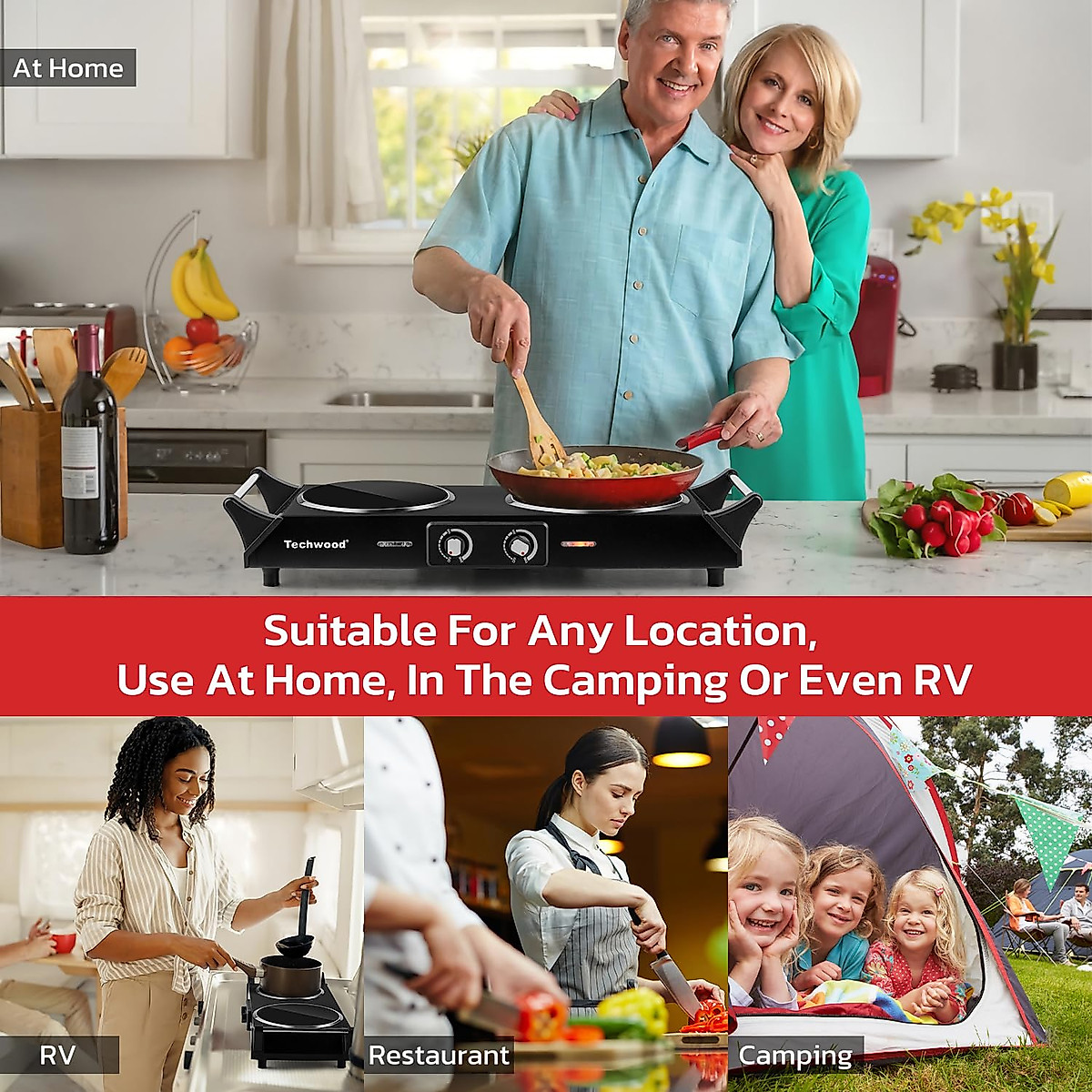 Hot Plate, Techwood 1800W Electric Stove, Countertop Double Burners for Cooking, Infrared Ceramic Dual Cooktops, Brushed Stainless Steel, Black