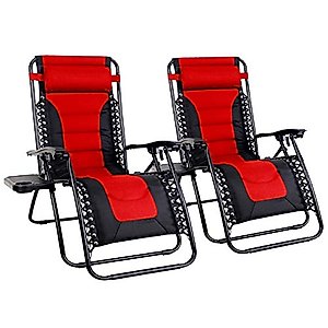 MFSTUDIO Zero Gravity Chair Large Portable Patio Recliners Adjustable Padded Folding Chair with Cup Holder for Poolside Outdoor Yard Beach, Set of 2 - Red