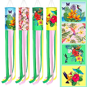 Tatuo 4 Pieces 40 Inch Hummingbird Windsock Outdoor Spring Summer Garden Yard Flag with LED Light Glowing Hummingbird Hanging Flag for Home Farmhouse Yard Garden Decoration