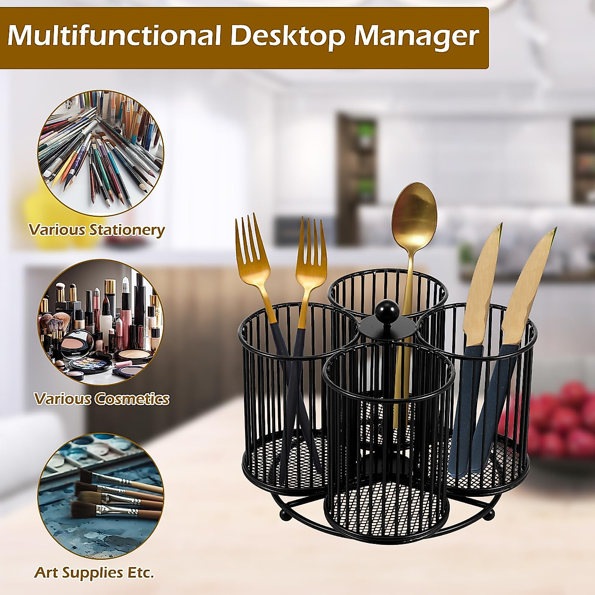 Metal Utensil Caddy 360 Degree Rotating Cutlery Holder 4 Compartment Flatware Storage Basket Portable Multipurpose Countertop Silverware Organizer for Kitchen Picnic Camping Outdoor(16*16*14cm,black)
