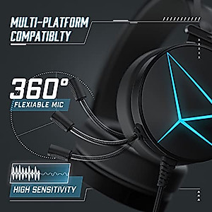 Gaming Headset for PC, Xbox One Headset with Detachable Cat Ear Headphones, PS5 Headset with Noise Canceling Microphone, PS4 Headset with 7.1 Surround Sound, LED Lights Black