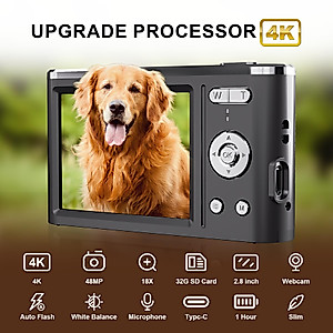 4K Digital Camera for Photography, 48MP Vlogging Camera for YouTube Compact Camera 18X Digital Zoom for Travel with Flash 3'' IPS Screen, 32G SD Card, 2 Batteries