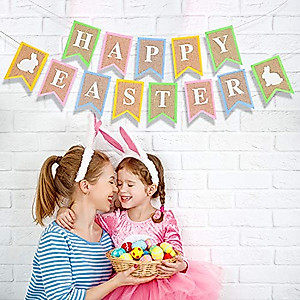 Chuangdi 2 Pieces Easter Burlap Banners Easter Bunting Felt Garland Happy Easter and Bunny Pattern for Easter Party Supplies